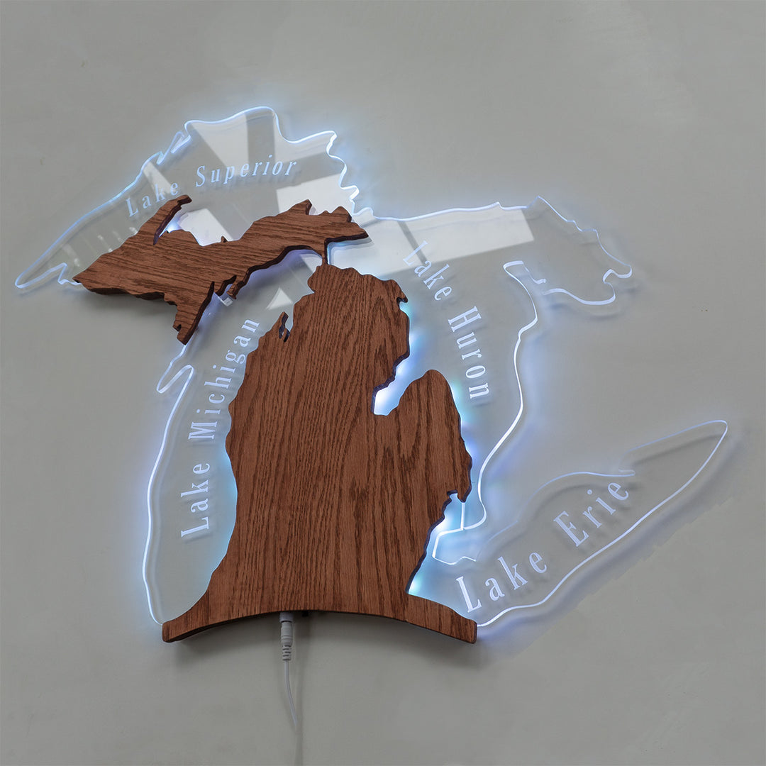 Michigan Wood Edge Lit Wall Sign, Full Color LED Home Decor – Hobby Built
